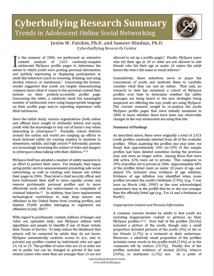 Cyberbullying Research Summary: Trends in Adolescent Social Networking