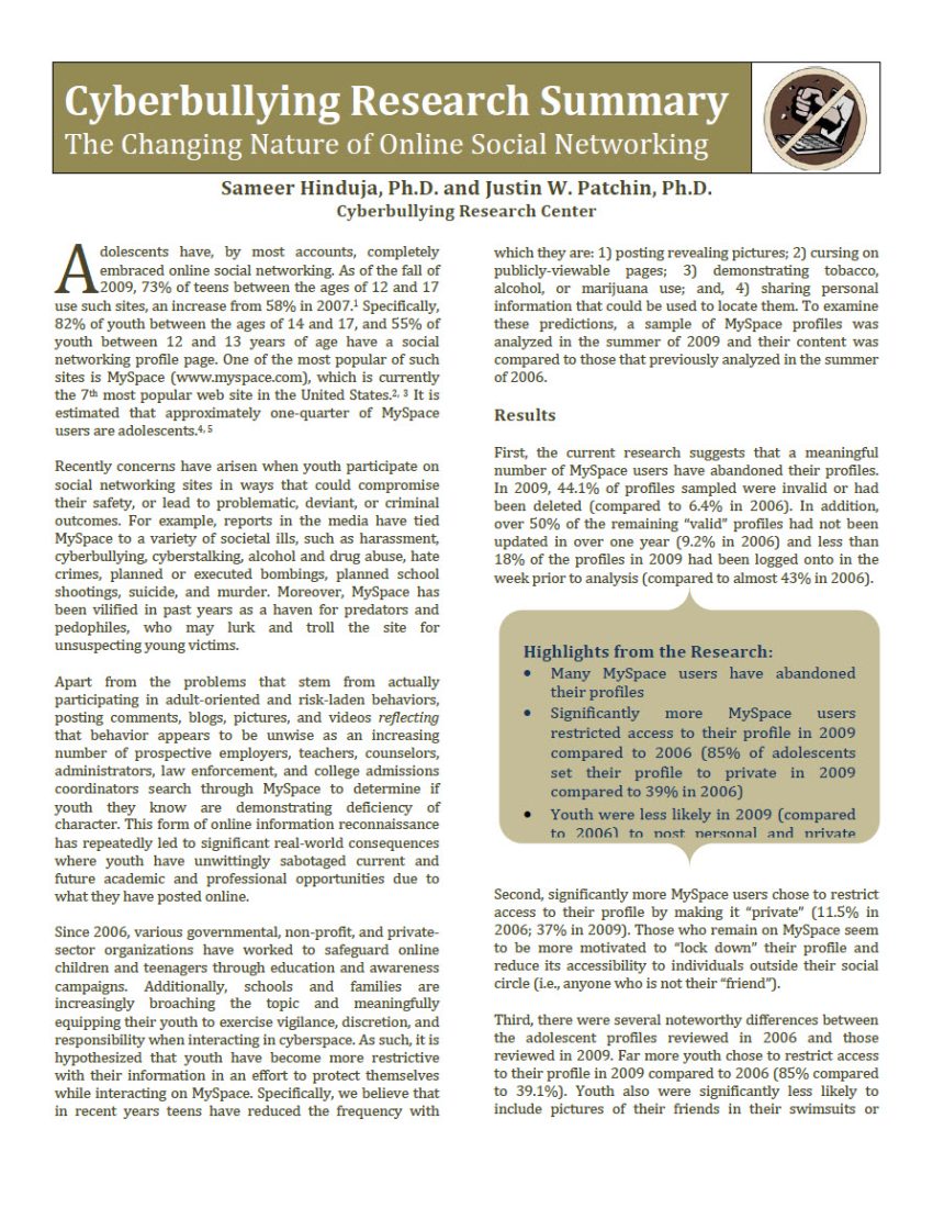Cyberbullying Research Summary: Changes in Adolescent Online Social ...