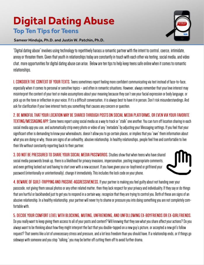 Digital Dating Abuse: Top Ten Tips for Teens - Cyberbullying Research ...