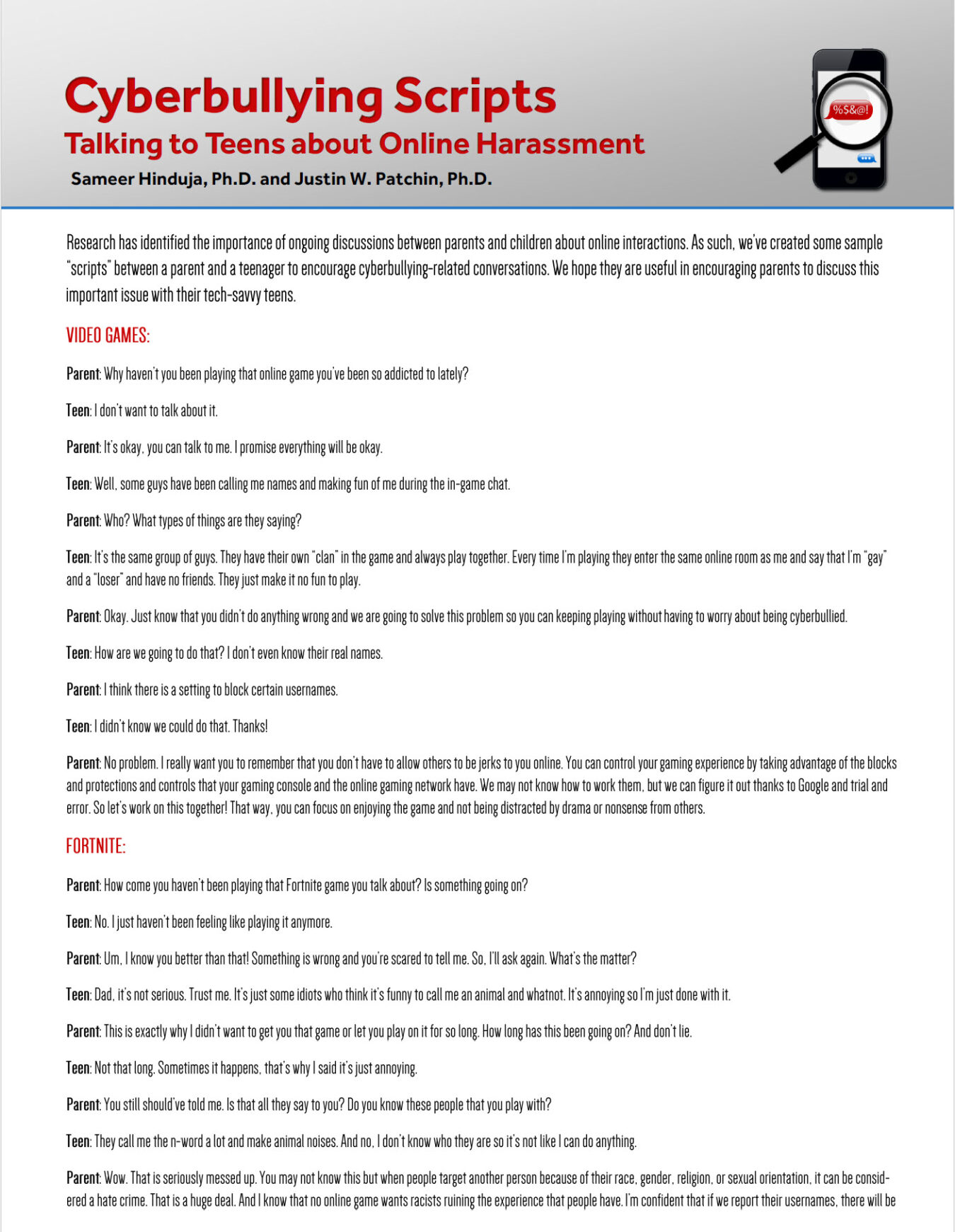 Cyberbullying Scripts for Parents to Promote Dialog and Discussion