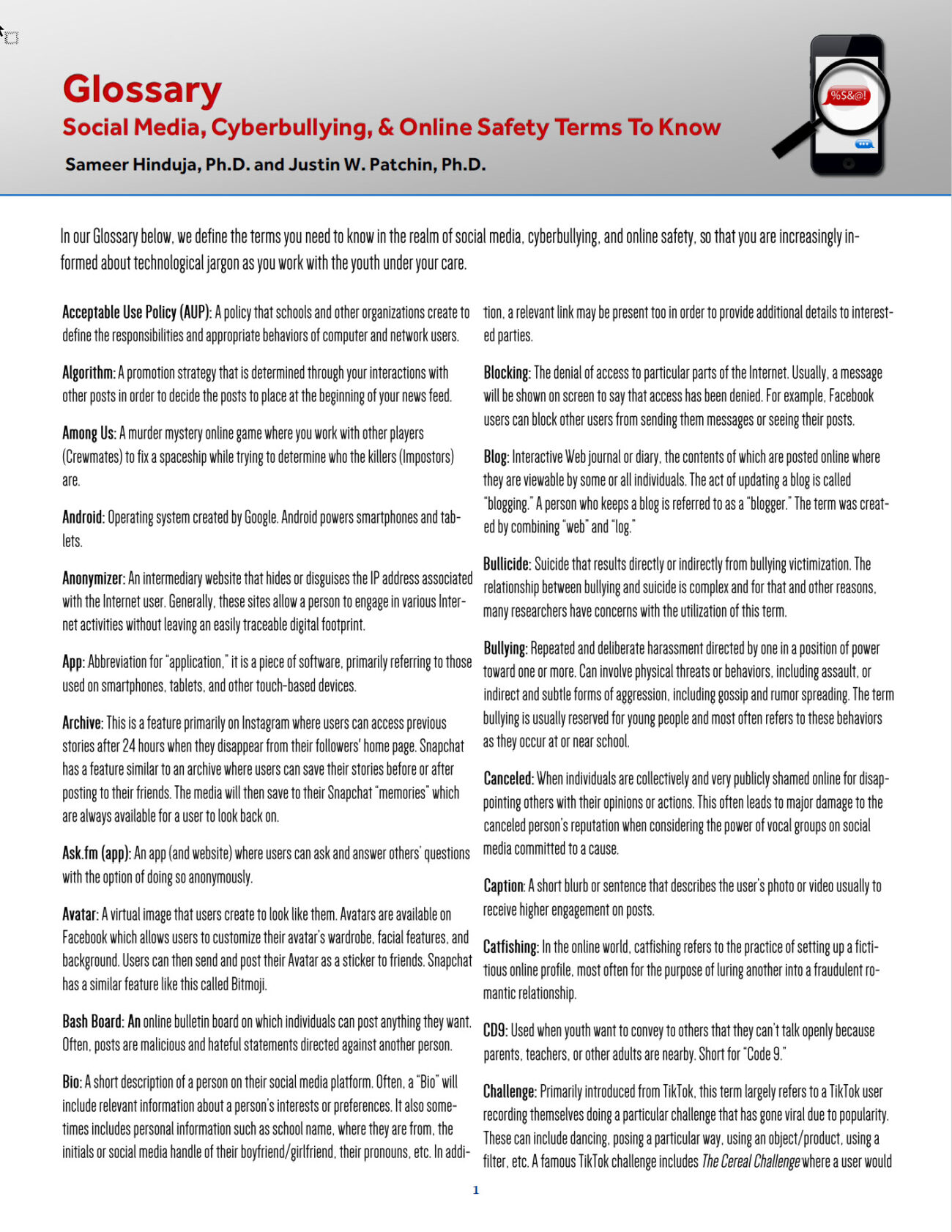 Social Media, Cyberbullying, and Online Safety Glossary - Cyberbullying ...