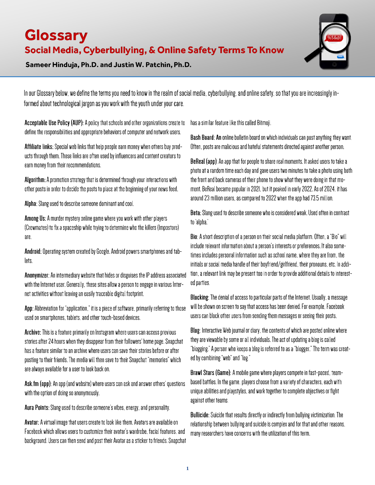 Social Media, Cyberbullying, and Online Safety Glossary - Cyberbullying ...